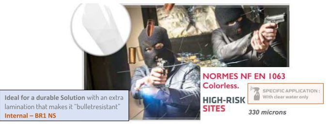 Security Adhesive film, 330μm 1520mm, Interior NF EN1063 BR1 NS